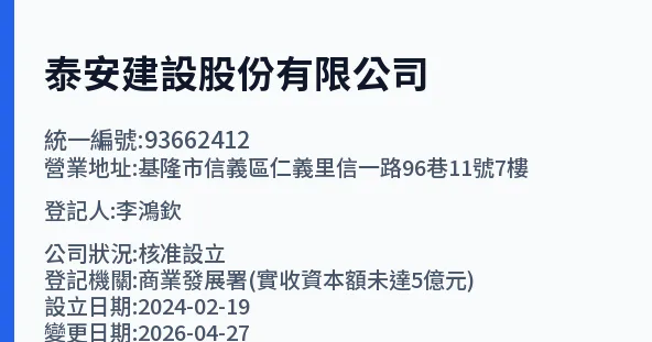 泰安建設股份有限公司的照片-統編 93662412(基隆市) 公司登記資料與營業項目詳細圖表