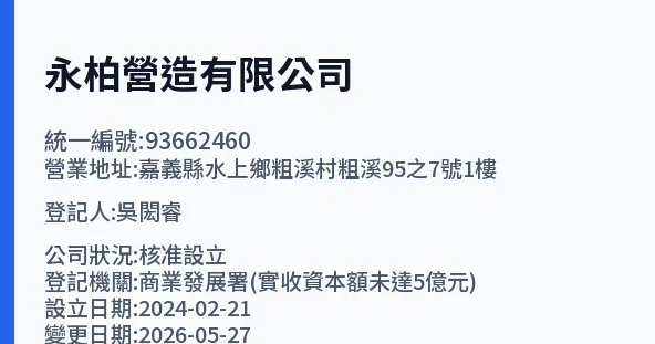 永柏營造有限公司的照片-統編 93662460(嘉義市) 公司登記資料與營業項目詳細圖表