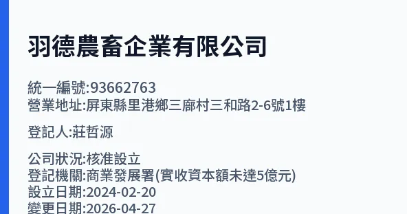 羽德農畜企業有限公司的照片-統編 93662763(屏東縣) 公司登記資料與營業項目詳細圖表