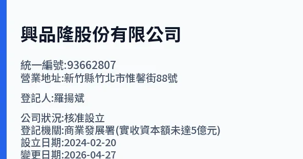 興品隆股份有限公司的照片-統編 93662807(新竹縣) 公司登記資料與營業項目詳細圖表