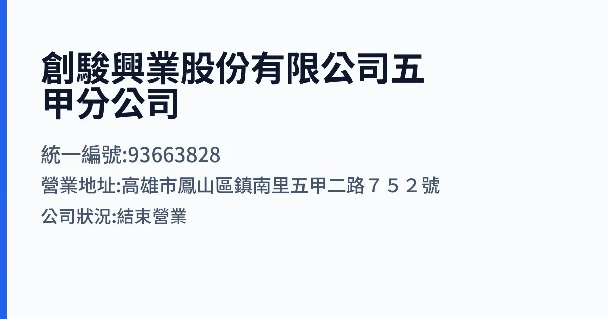 創駿興業股份有限公司五甲分公司 - 統編 93663828(高雄市) 公司登記資料與營業項目詳細圖表
