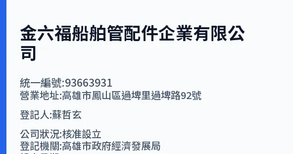 金六福船舶管配件企業有限公司的照片-統編 93663931(高雄市) 公司登記資料與營業項目詳細圖表