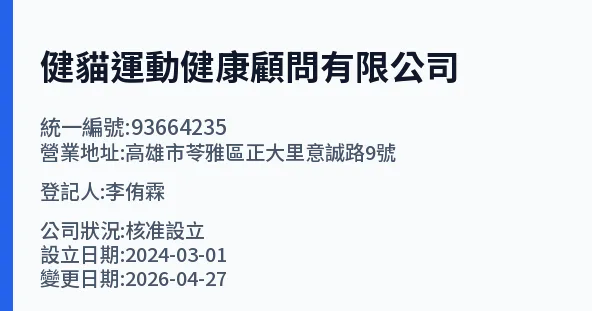 健貓運動健康顧問有限公司的照片-統編 93664235(高雄市) 公司登記資料與營業項目詳細圖表