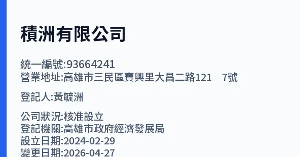 積洲有限公司的照片-統編 93664241(高雄市) 公司登記資料與營業項目詳細圖表