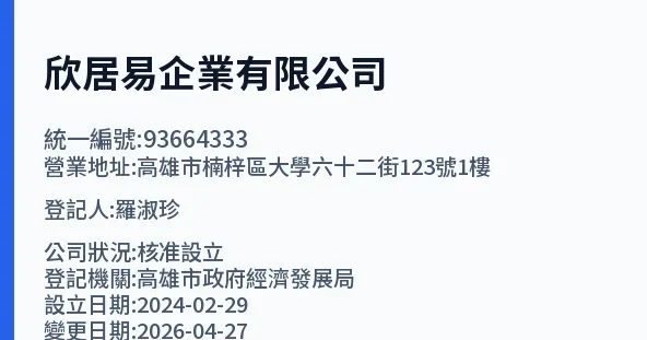 欣居易企業有限公司的照片-統編 93664333(高雄市) 公司登記資料與營業項目詳細圖表