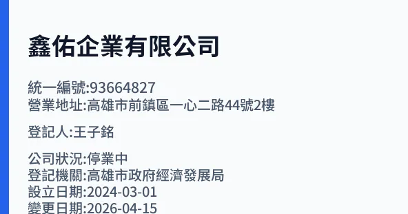 鑫佑企業有限公司的照片-統編 93664827(高雄市) 公司登記資料與營業項目詳細圖表
