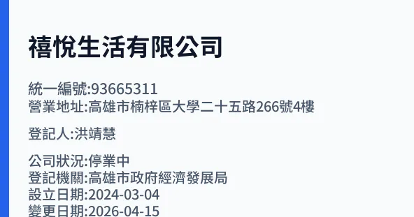 禧悅生活有限公司的照片-統編 93665311(高雄市) 公司登記資料與營業項目詳細圖表