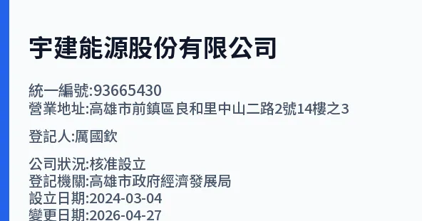 宇建能源股份有限公司的照片-統編 93665430(高雄市) 公司登記資料與營業項目詳細圖表