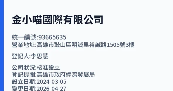 金小喵國際有限公司的照片-統編 93665635(高雄市) 公司登記資料與營業項目詳細圖表