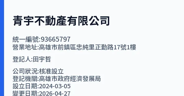 青宇不動產有限公司的照片-統編 93665797(高雄市) 公司登記資料與營業項目詳細圖表