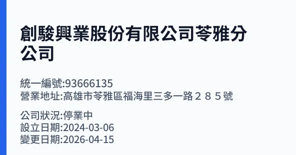 創駿興業股份有限公司苓雅分公司的照片-統編 93666135(高雄市) 公司登記資料與營業項目詳細圖表