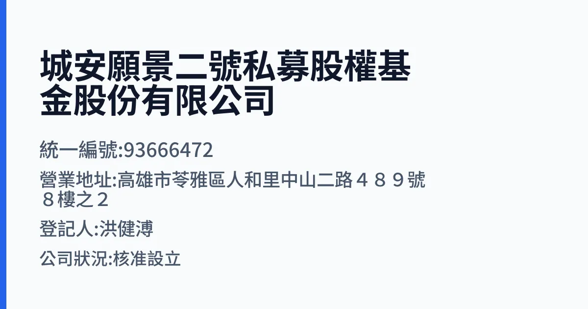 城安願景二號私募股權基金股份有限公司 - 統編 93666472(高雄市) 公司登記資料與營業項目詳細圖表