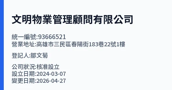 文明物業管理顧問有限公司的照片-統編 93666521(高雄市) 公司登記資料與營業項目詳細圖表