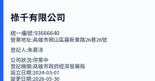 祿千有限公司的照片-統編 93666640(高雄市) 公司登記資料與營業項目詳細圖表