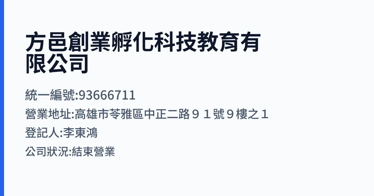 方邑創業孵化科技教育有限公司 - 統編 93666711(高雄市) 公司登記資料與營業項目詳細圖表