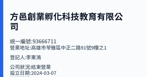 方邑創業孵化科技教育有限公司的照片-統編 93666711(高雄市) 公司登記資料與營業項目詳細圖表