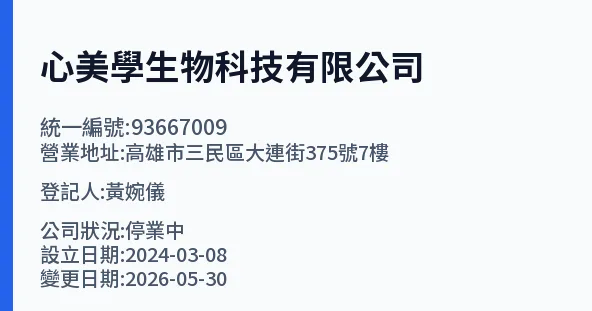 心美學生物科技有限公司的照片-統編 93667009(高雄市) 公司登記資料與營業項目詳細圖表