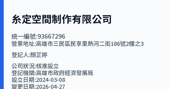 糸定空間制作有限公司的照片-統編 93667296(高雄市) 公司登記資料與營業項目詳細圖表