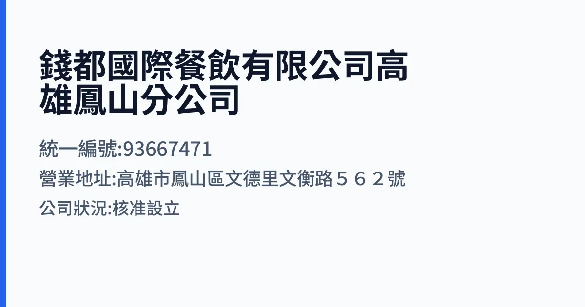 錢都國際餐飲有限公司高雄鳳山分公司 - 統編 93667471(高雄市) 公司登記資料與營業項目詳細圖表