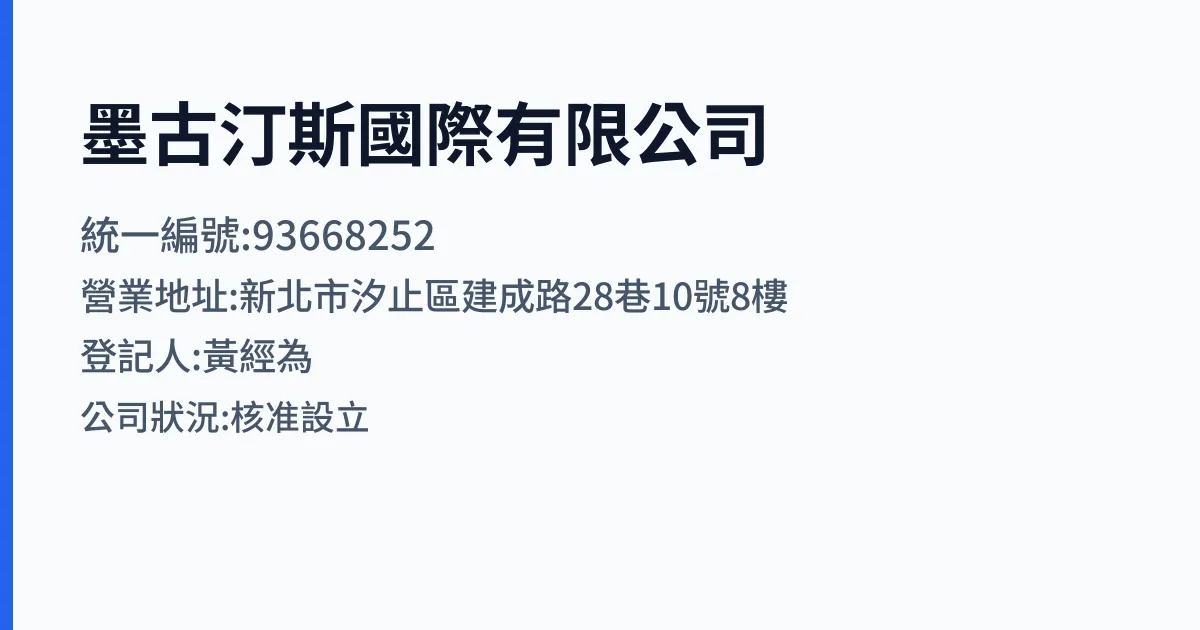 墨古汀斯國際有限公司 - 統編 93668252(新北市) 公司登記資料與營業項目詳細圖表