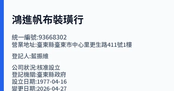 鴻進帆布裝璜行的照片-統編 93668302(臺東縣) 公司登記資料與營業項目詳細圖表