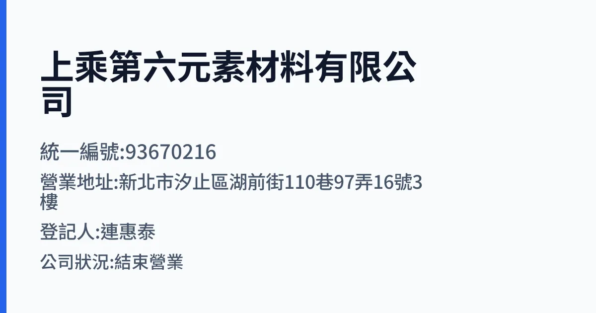 上乘第六元素材料有限公司 - 統編 93670216(新北市) 公司登記資料與營業項目詳細圖表