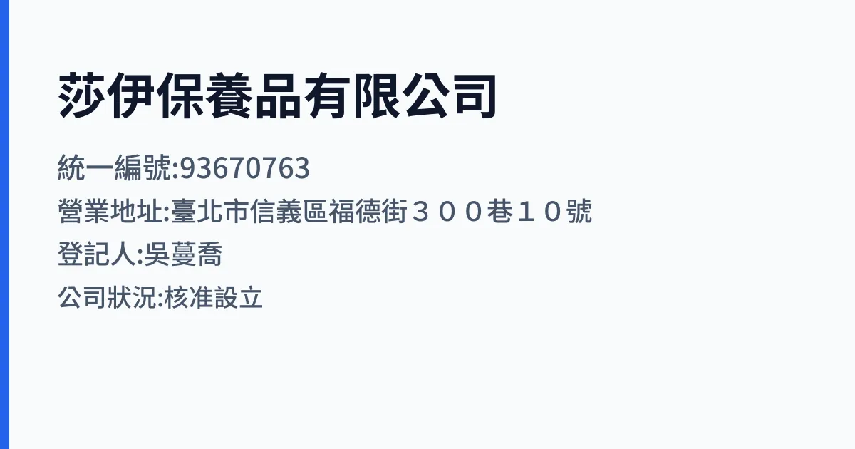 莎伊保養品有限公司 - 統編 93670763(新北市) 公司登記資料與營業項目詳細圖表