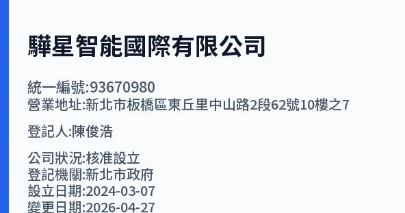 驊星智能國際有限公司的照片-統編 93670980(新北市) 公司登記資料與營業項目詳細圖表