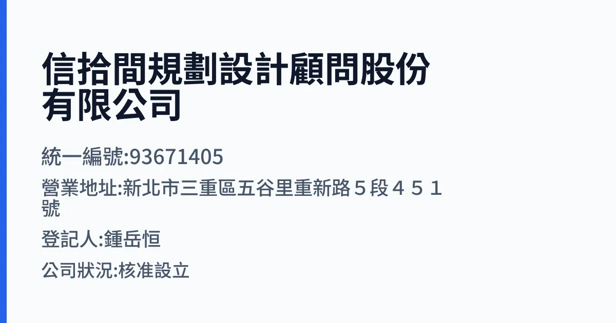 信拾間規劃設計顧問股份有限公司 - 統編 93671405(新北市) 公司登記資料與營業項目詳細圖表