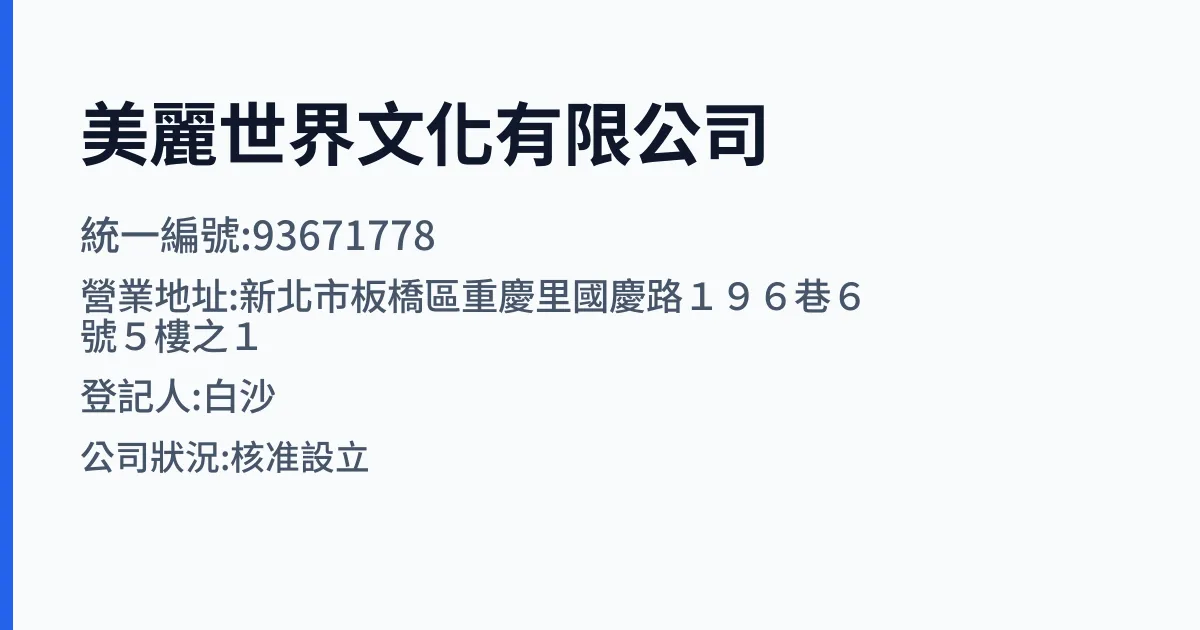 美麗世界文化有限公司 - 統編 93671778(新北市) 公司登記資料與營業項目詳細圖表