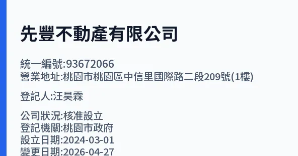 先豐不動產有限公司的照片-統編 93672066(桃園市) 公司登記資料與營業項目詳細圖表