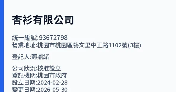 杏衫有限公司的照片-統編 93672798(桃園市) 公司登記資料與營業項目詳細圖表