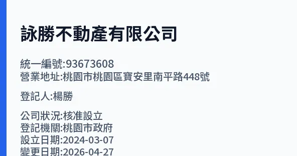 詠勝不動產有限公司的照片-統編 93673608(桃園市) 公司登記資料與營業項目詳細圖表