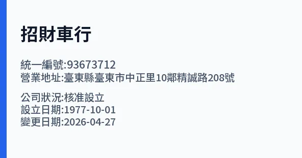 招財車行的照片-統編 93673712(臺東縣) 公司登記資料與營業項目詳細圖表