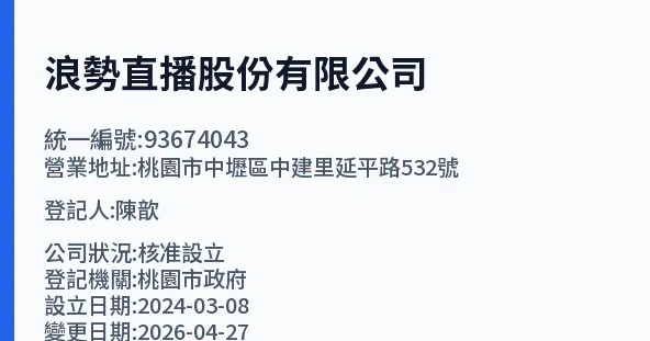 浪勢直播股份有限公司的照片-統編 93674043(桃園市) 公司登記資料與營業項目詳細圖表