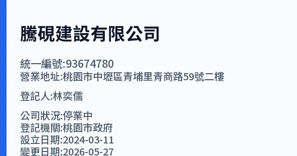 騰硯建設有限公司的照片-統編 93674780(桃園市) 公司登記資料與營業項目詳細圖表