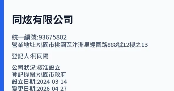 同炫有限公司的照片-統編 93675802(桃園市) 公司登記資料與營業項目詳細圖表