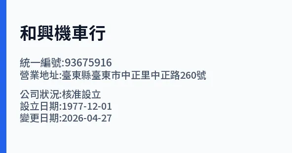 和興機車行的照片-統編 93675916(臺東縣) 公司登記資料與營業項目詳細圖表