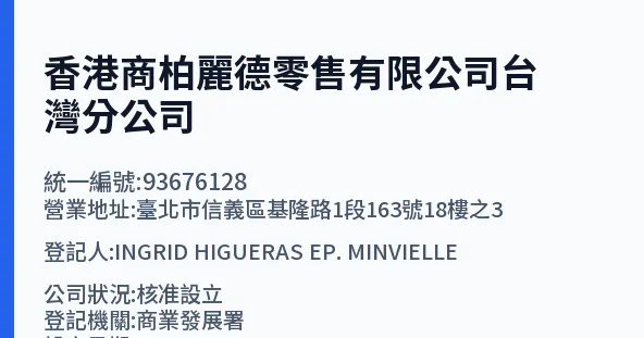 香港商柏麗德零售有限公司台灣分公司的照片-統編 93676128(臺北市) 公司登記資料與營業項目詳細圖表