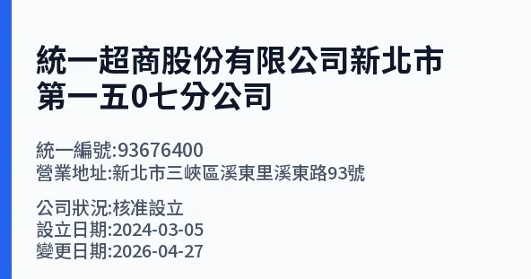 統一超商股份有限公司新北市第一五0七分公司的照片-統編 93676400(新北市) 公司登記資料與營業項目詳細圖表