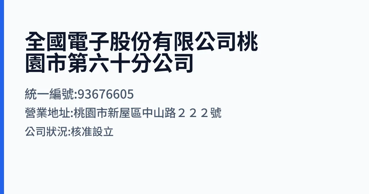 全國電子股份有限公司桃園市第六十分公司 - 統編 93676605(桃園市) 公司登記資料與營業項目詳細圖表