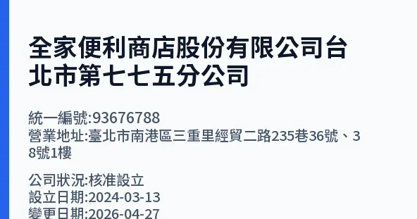 全家便利商店股份有限公司台北市第七七五分公司的照片-統編 93676788(臺北市) 公司登記資料與營業項目詳細圖表