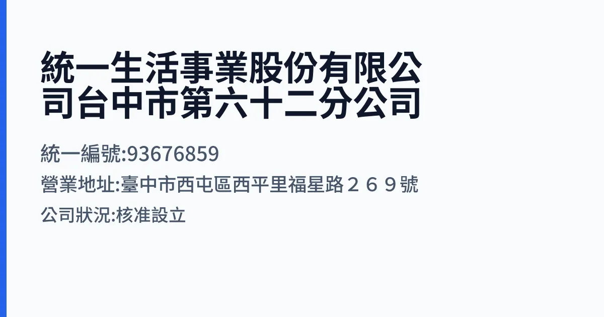 統一生活事業股份有限公司台中市第六十二分公司 - 統編 93676859(臺中市) 公司登記資料與營業項目詳細圖表