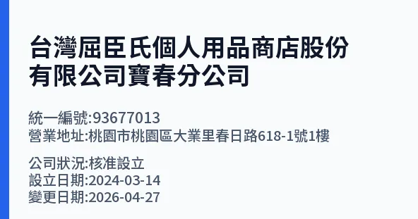 台灣屈臣氏個人用品商店股份有限公司寶春分公司的照片-統編 93677013(桃園市) 公司登記資料與營業項目詳細圖表