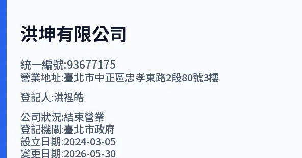 洪坤有限公司的照片-統編 93677175(臺北市) 公司登記資料與營業項目詳細圖表