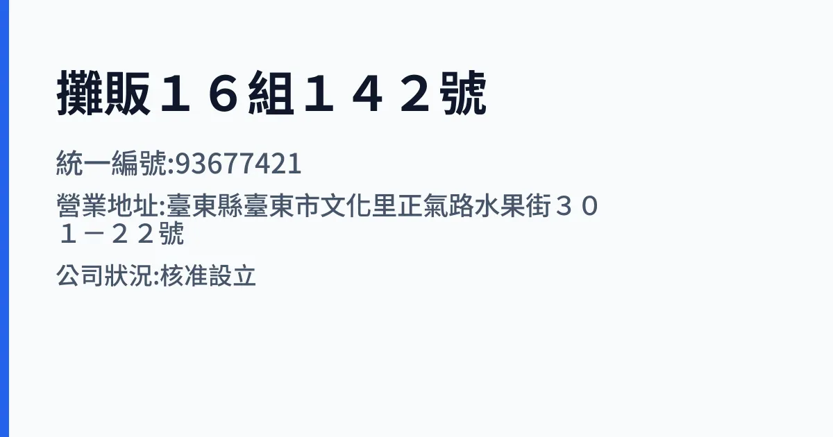 攤販１６組１４２號 - 統編 93677421(臺東縣) 公司登記資料與營業項目詳細圖表