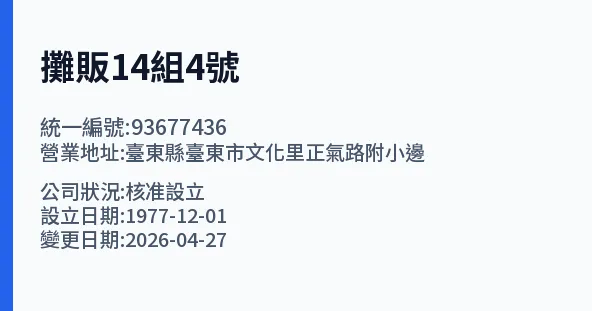攤販14組4號的照片-統編 93677436(臺東縣) 公司登記資料與營業項目詳細圖表