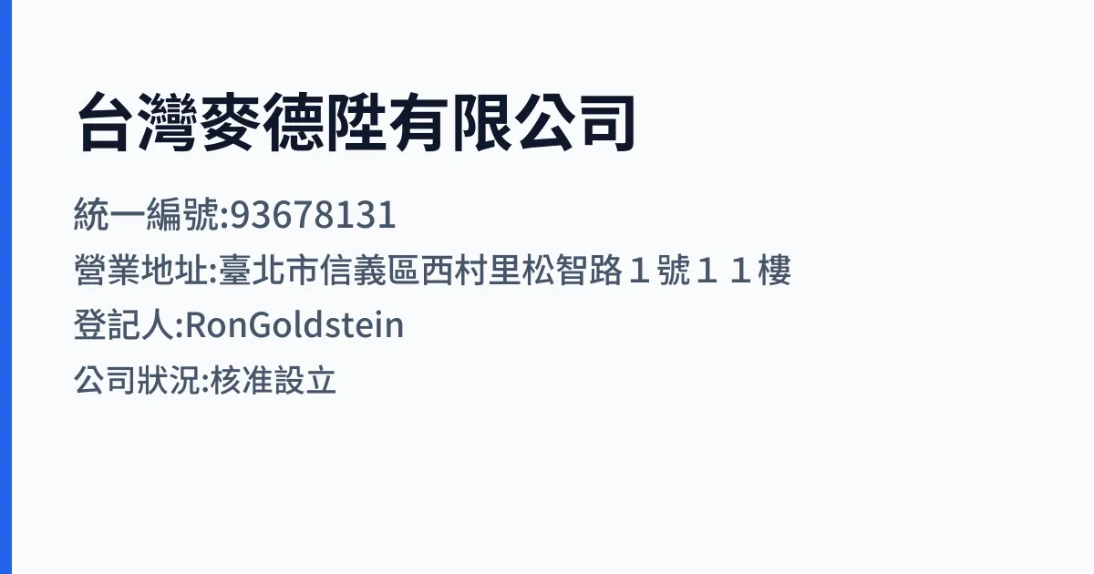 台灣麥德陞有限公司 - 統編 93678131(臺北市) 公司登記資料與營業項目詳細圖表