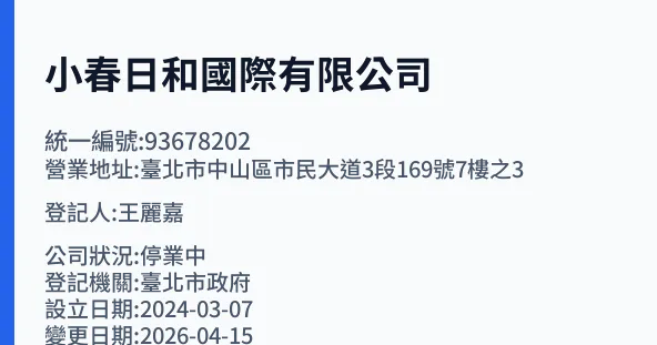 小春日和國際有限公司的照片-統編 93678202(臺北市) 公司登記資料與營業項目詳細圖表