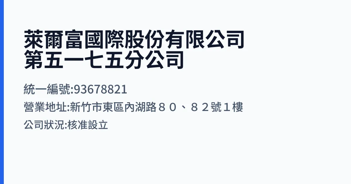 萊爾富國際股份有限公司第五一七五分公司 - 統編 93678821(新竹市) 公司登記資料與營業項目詳細圖表